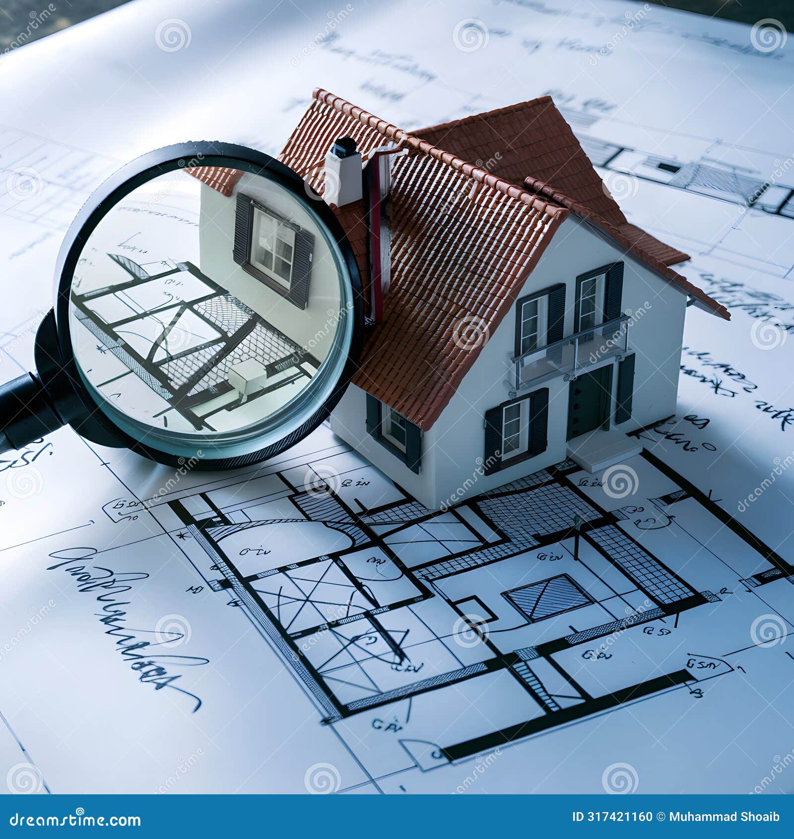 Architectural Model with Annotations on Blueprint, Magnified by Glass ...