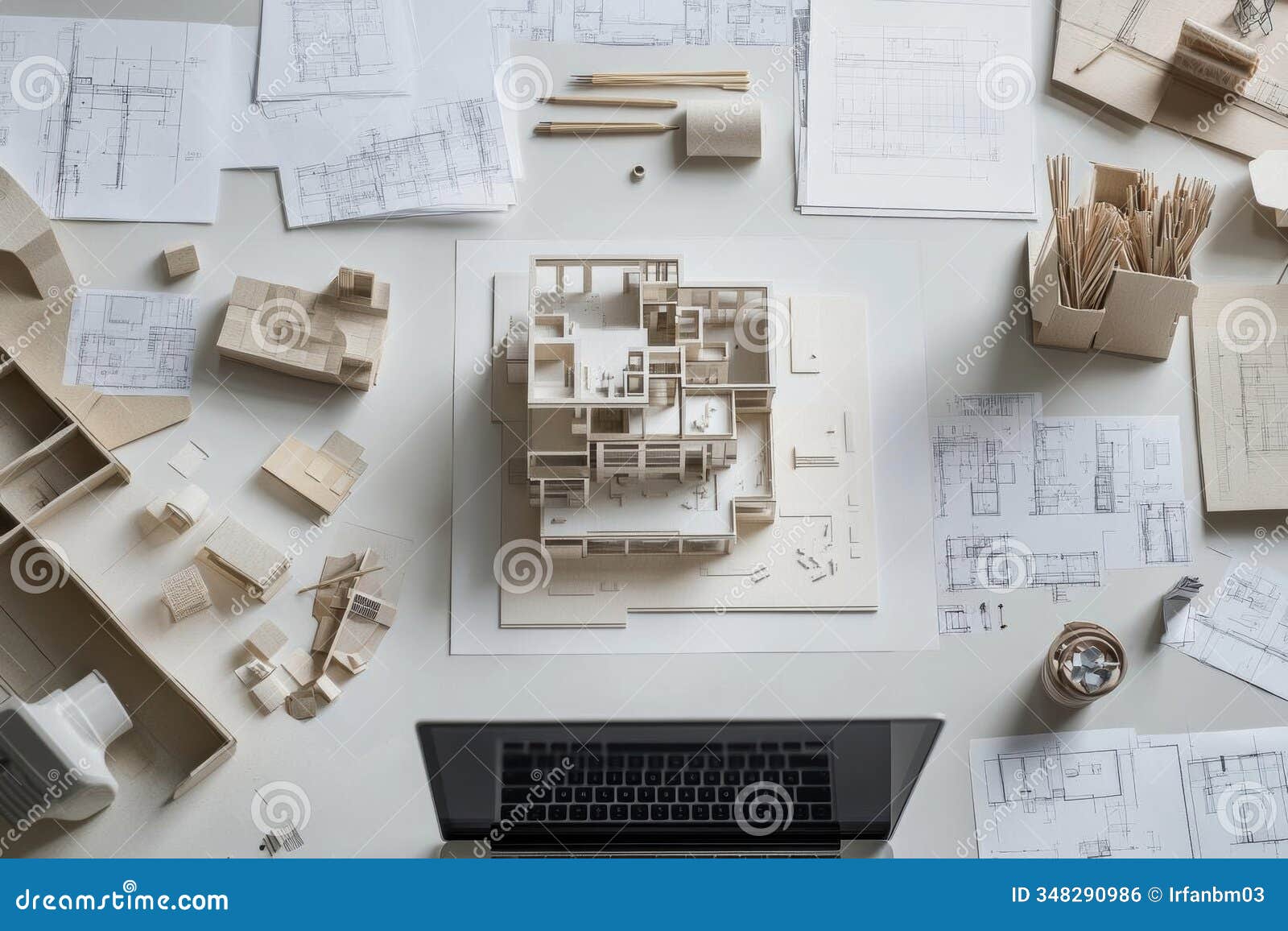 Architectural Model and Blueprints on a Designer S Desk Stock Photo ...