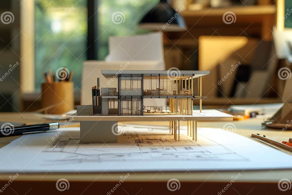 Architectural Model Displayed on a Drafting Table in a Well-lit ...