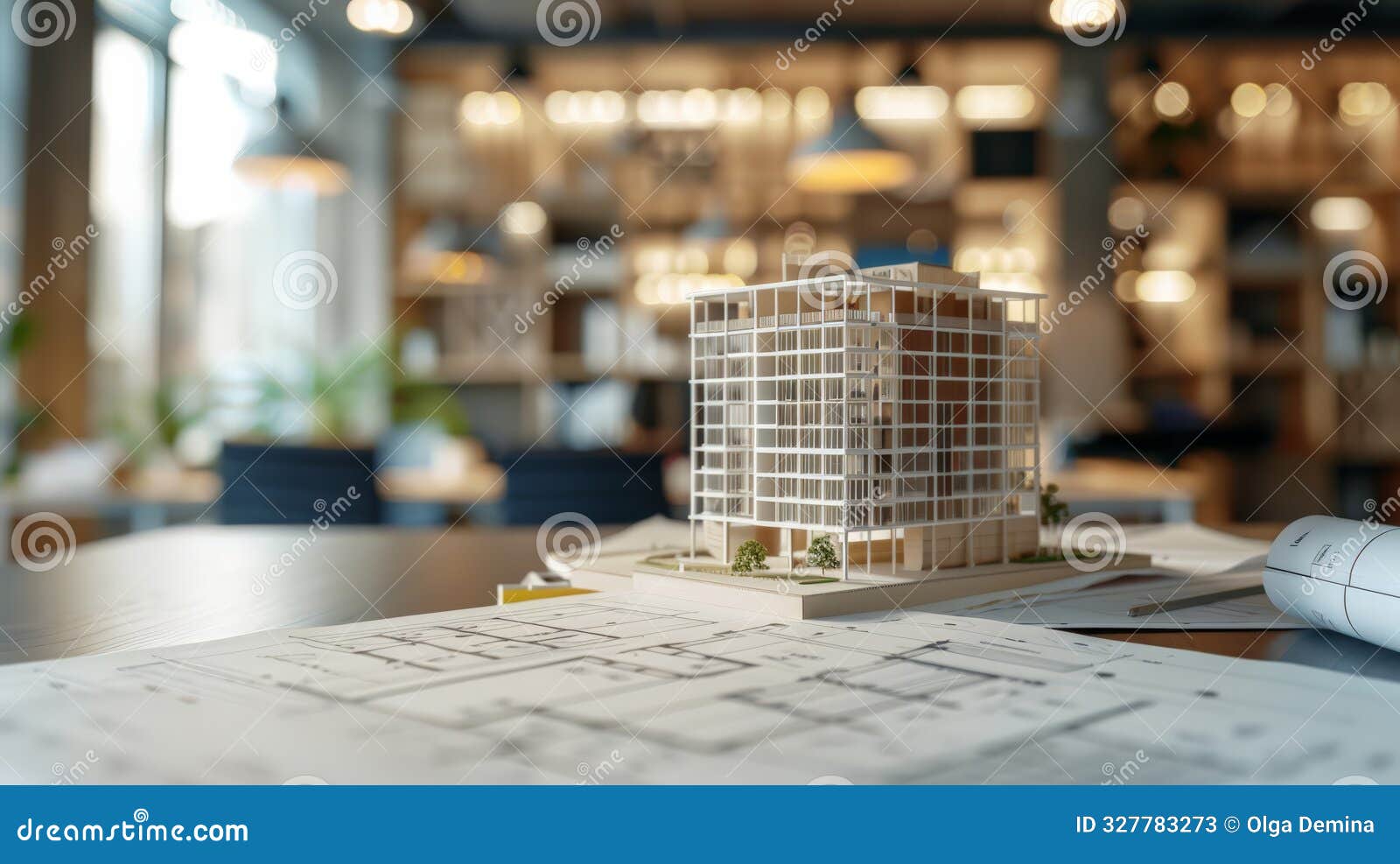 Architectural Model of a High-rise Building on a Desk with Blueprints ...