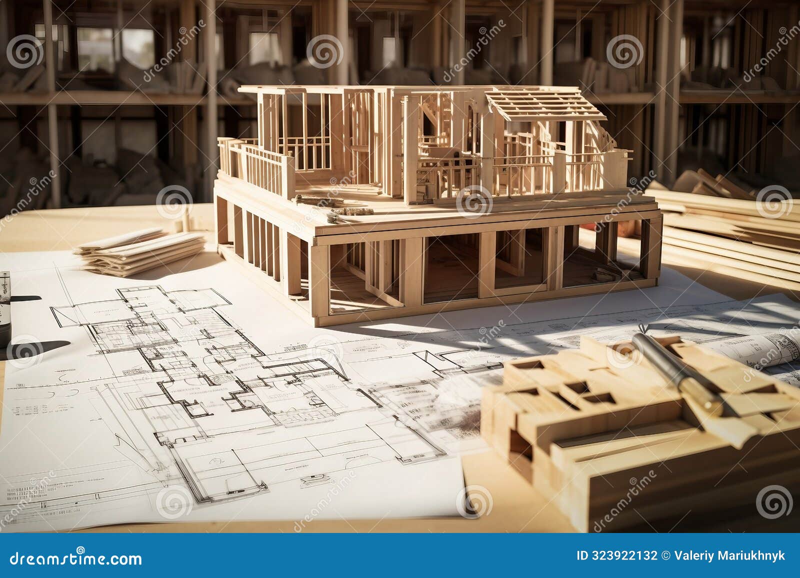 Architectural Model of a House on Blueprint in Construction Planning ...