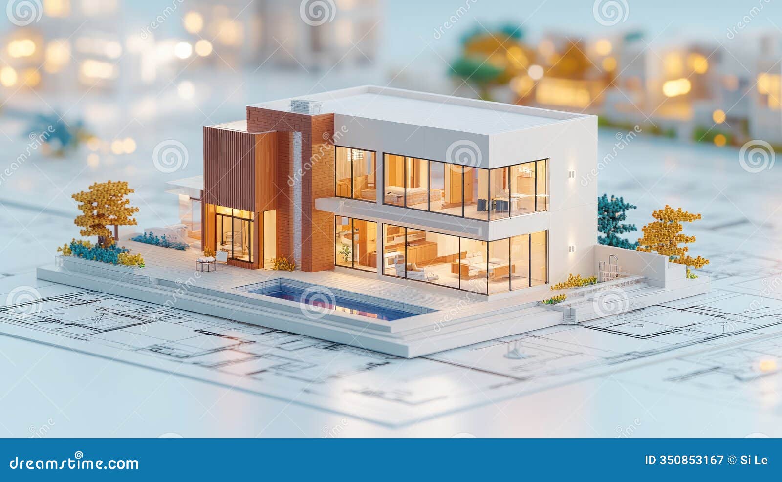 Architectural Model of House on Blueprint Plans for Construction ...