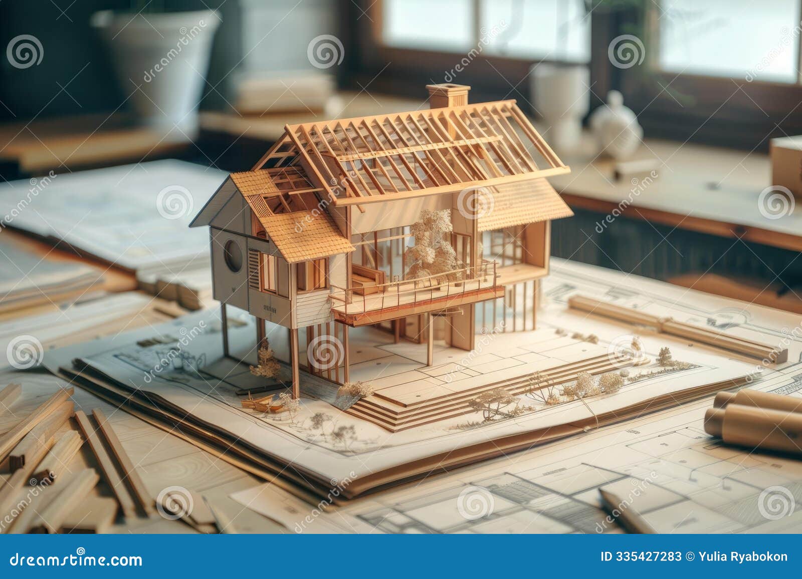 Architectural Model House Sitting on Top of Blueprints Stock Image ...