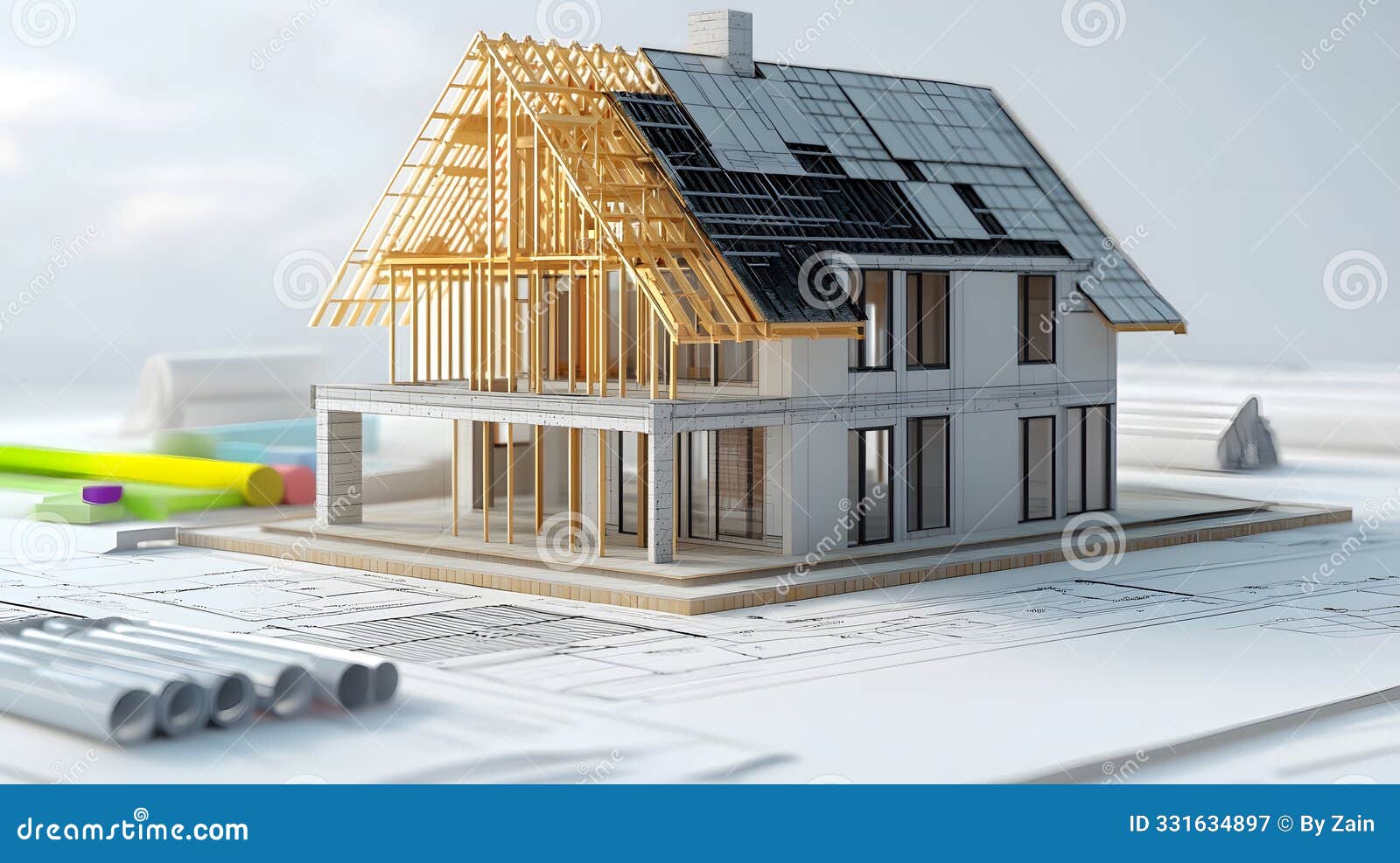 Architectural Model of a House W Solar Panels Under Construction on ...