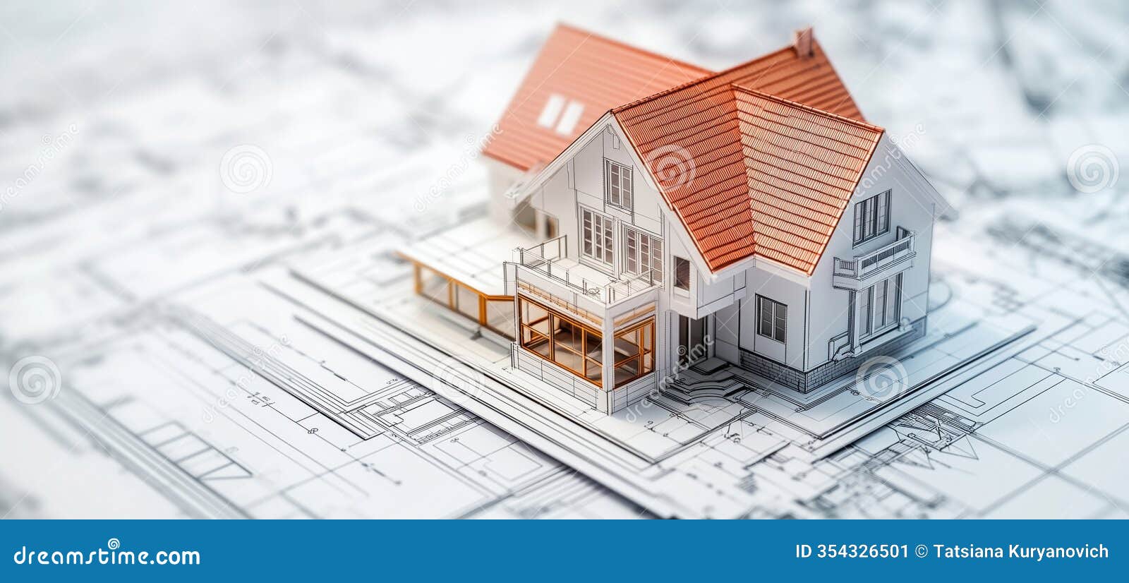 Architectural Model of Modern House on Blueprint, Showcasing Detailed ...