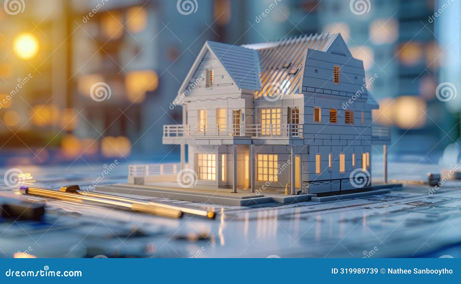 Architectural Model of a Modern House with Illuminated Windows ...