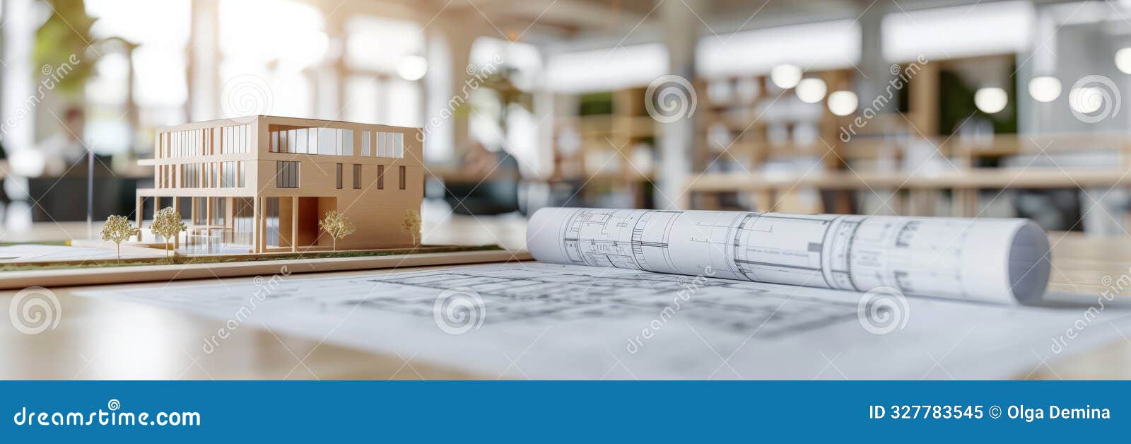 Architectural Model with Rolled Blueprints on a Desk in a Bright Office ...