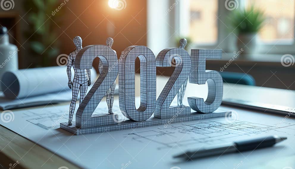 Architectural Model of 2025 Year. Blueprint Designs on Table. Creative ...