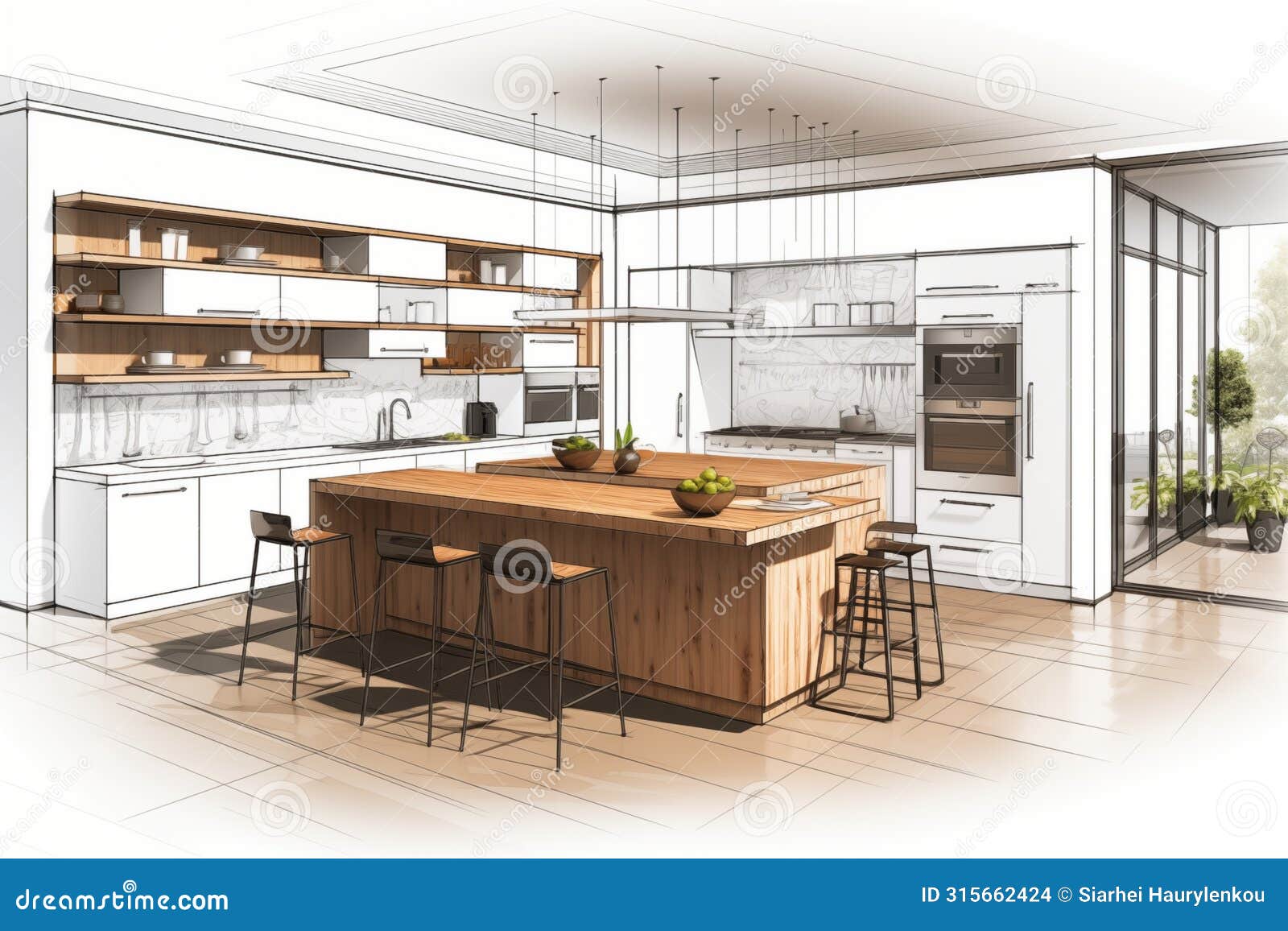Architectural Pencil Drawing of Kitchen Interior before and after ...