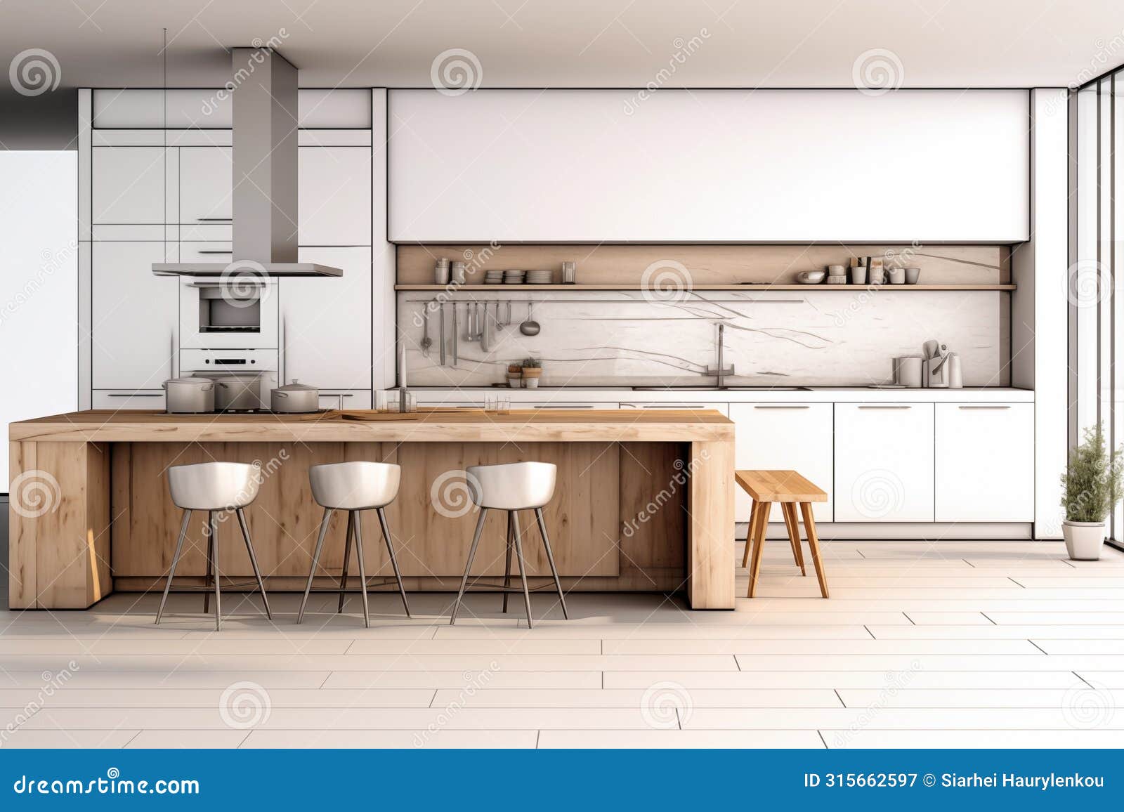 Architectural Pencil Drawing Of Kitchen Interior Before And After ...