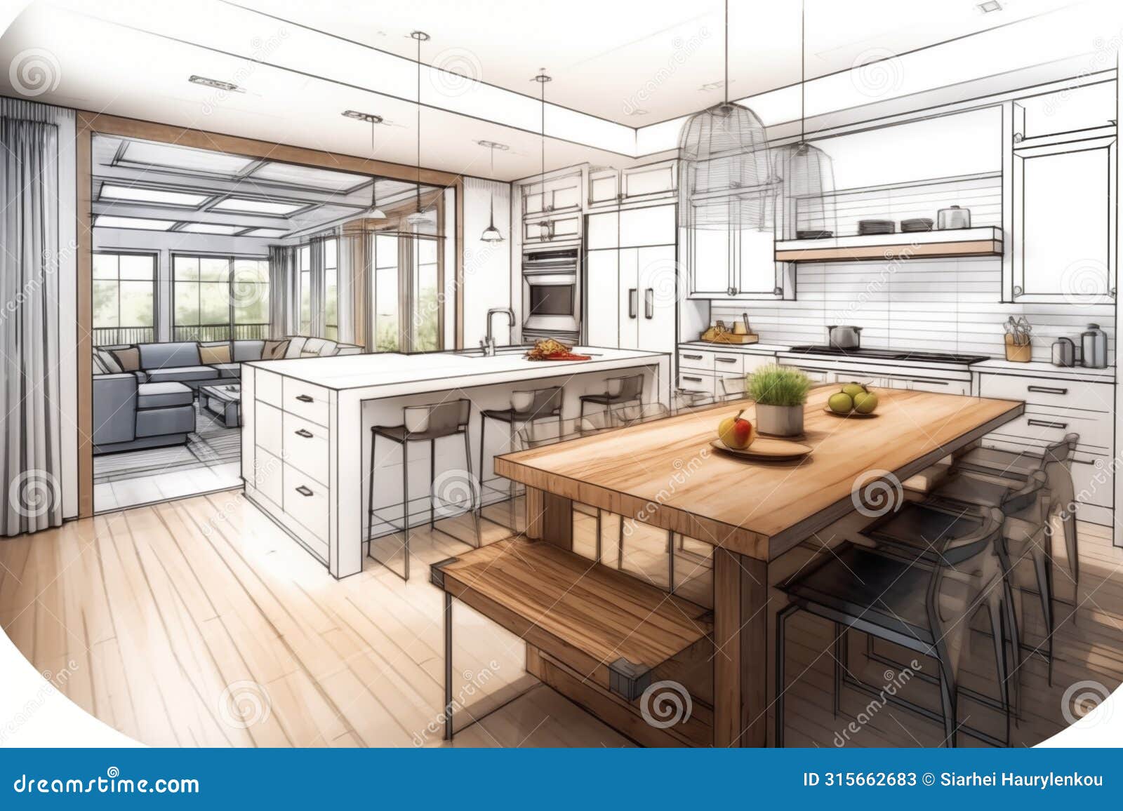 Architectural Pencil Drawing of Kitchen Interior before and after ...