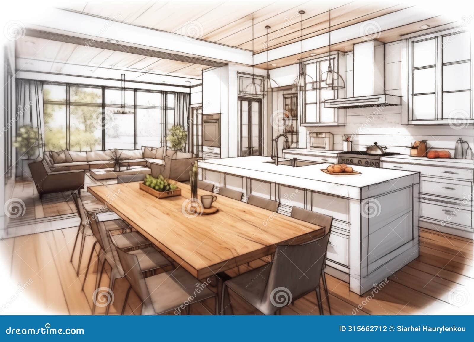 Architectural Pencil Drawing Of Kitchen Interior Before And After ...