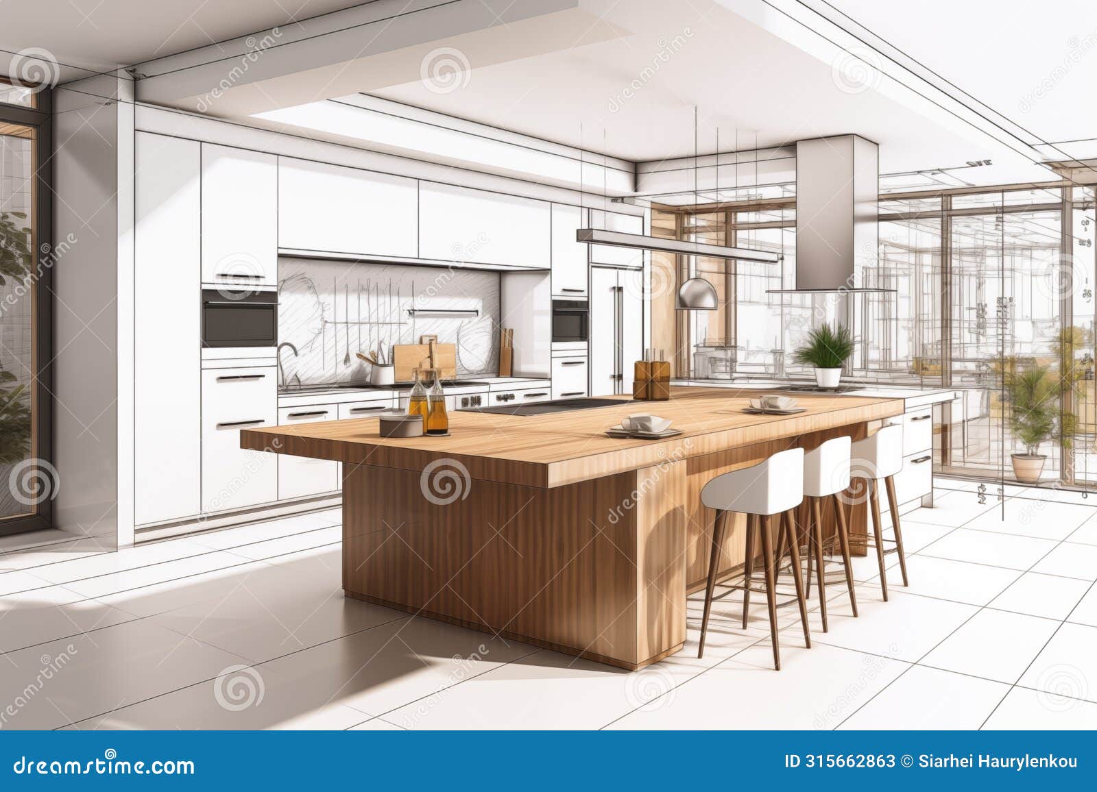 Architectural Pencil Drawing of Kitchen Interior before and after. Kitchen Design, Drafting. AI ...