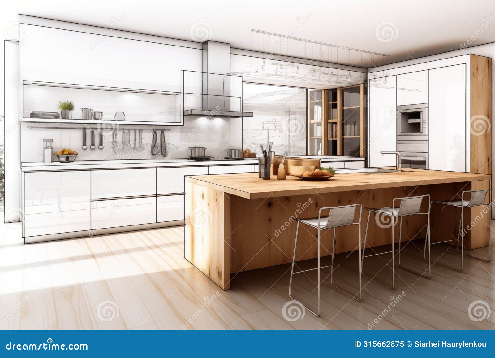 Architectural Pencil Drawing Of Kitchen Interior Before And After ...
