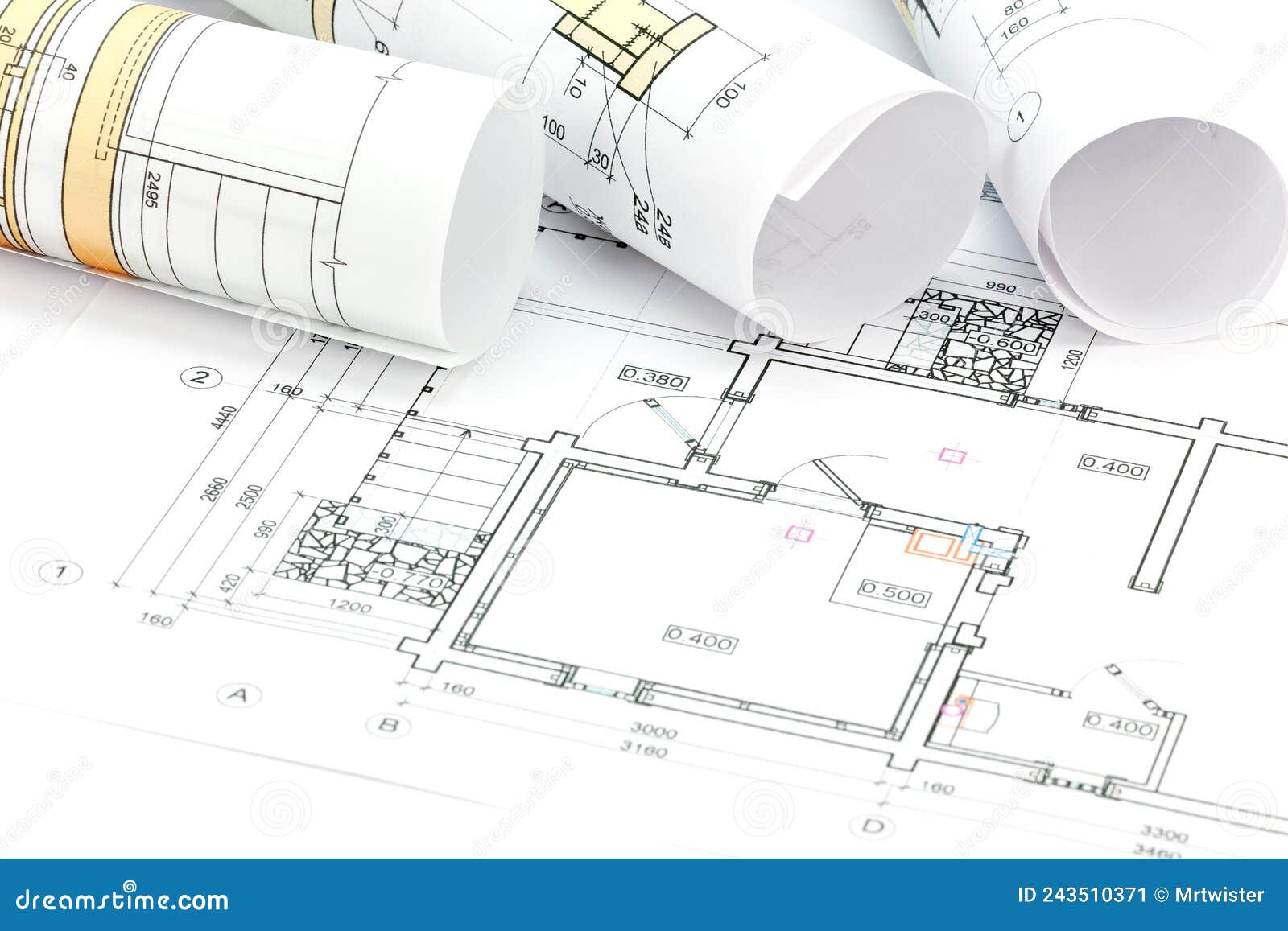 Architectural Plans and Technical Drawings with Rolls of Blueprints ...