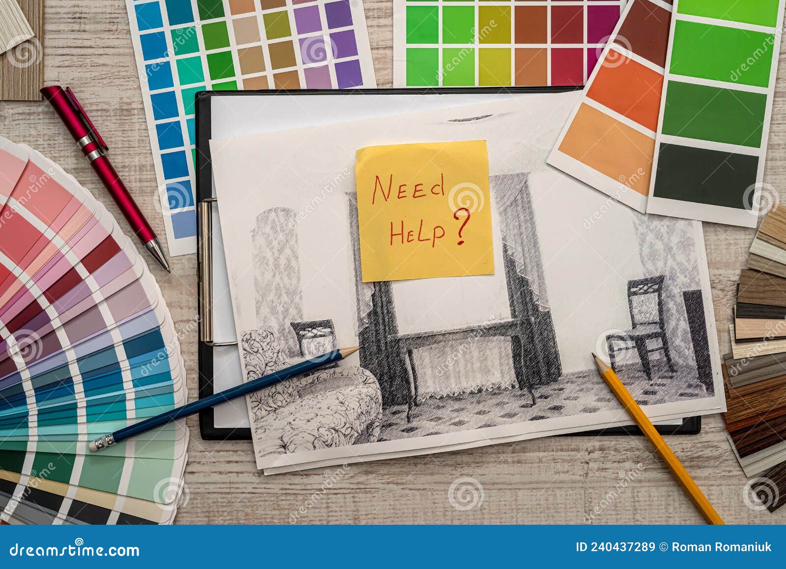 Architectural Plan with Color Sample Palette, Designer Working Stock ...