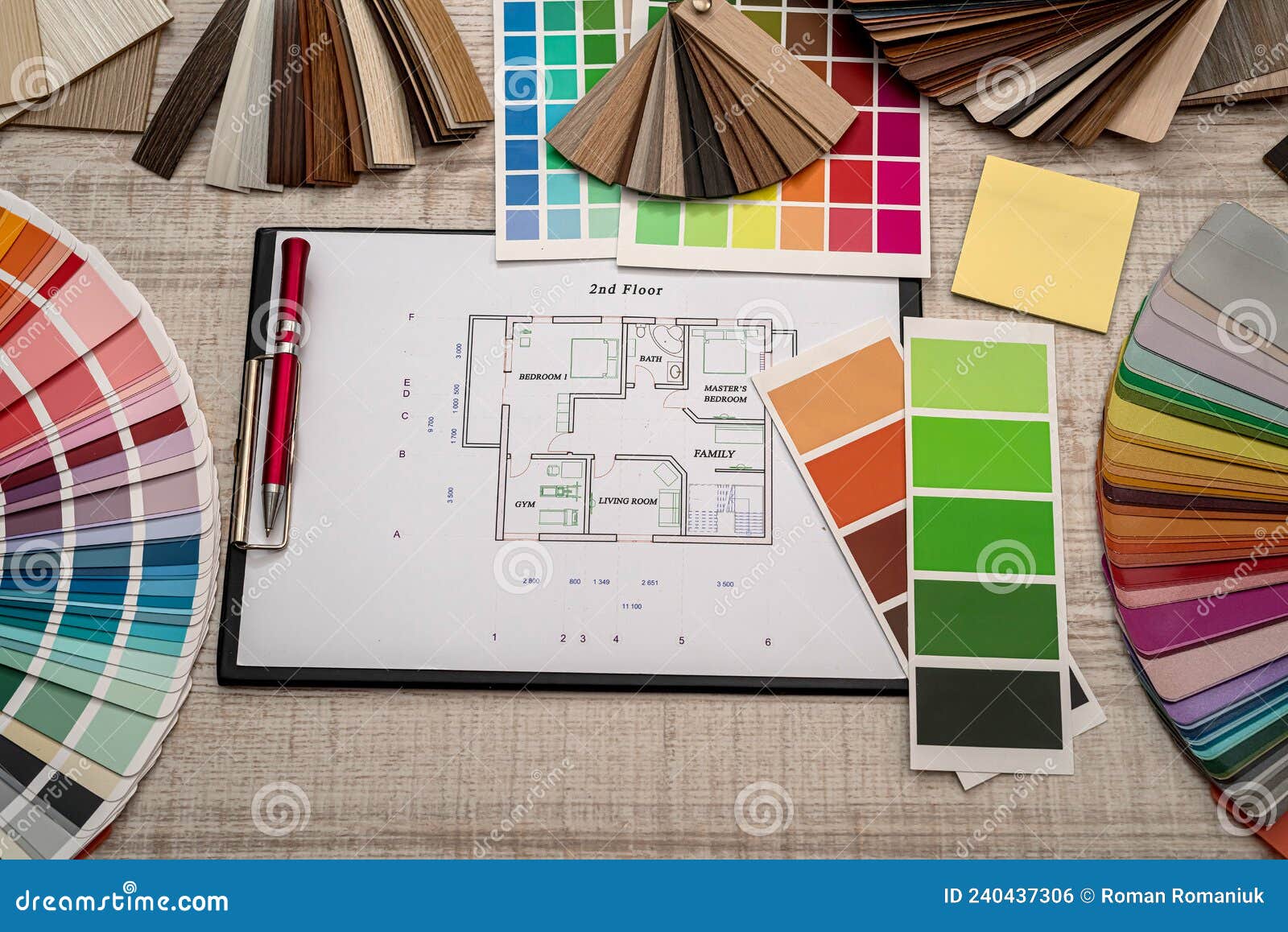 Architectural Plan with Color Sample Palette, Designer Working Stock ...
