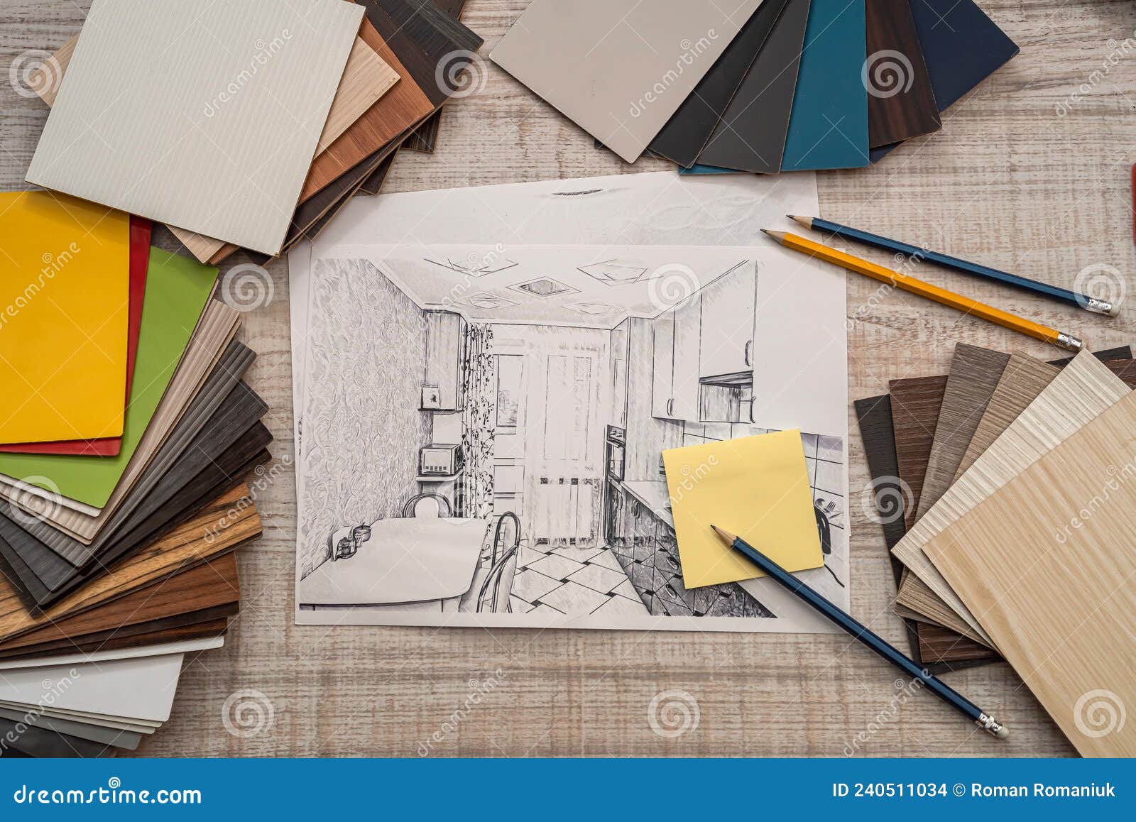 Architectural Plan with Color Sample Palette, Designer Working Stock ...