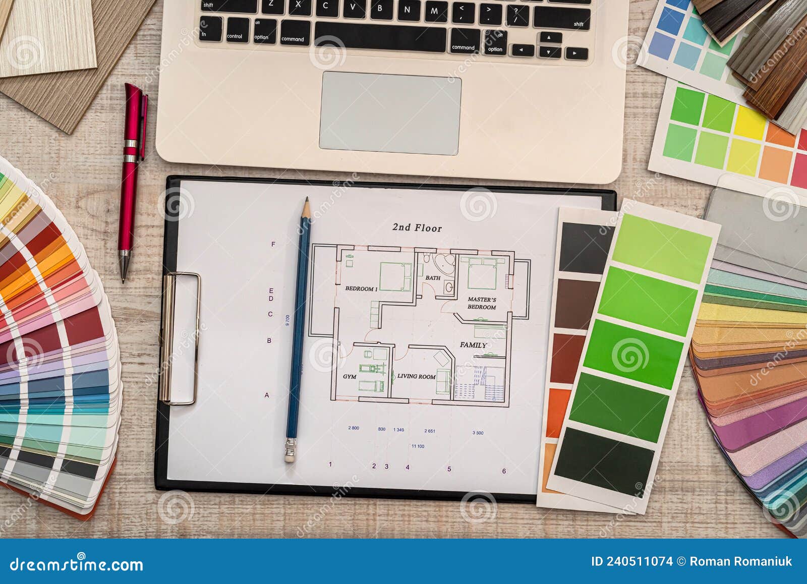 Architectural Plan with Color Sample Palette, Designer Working Stock ...