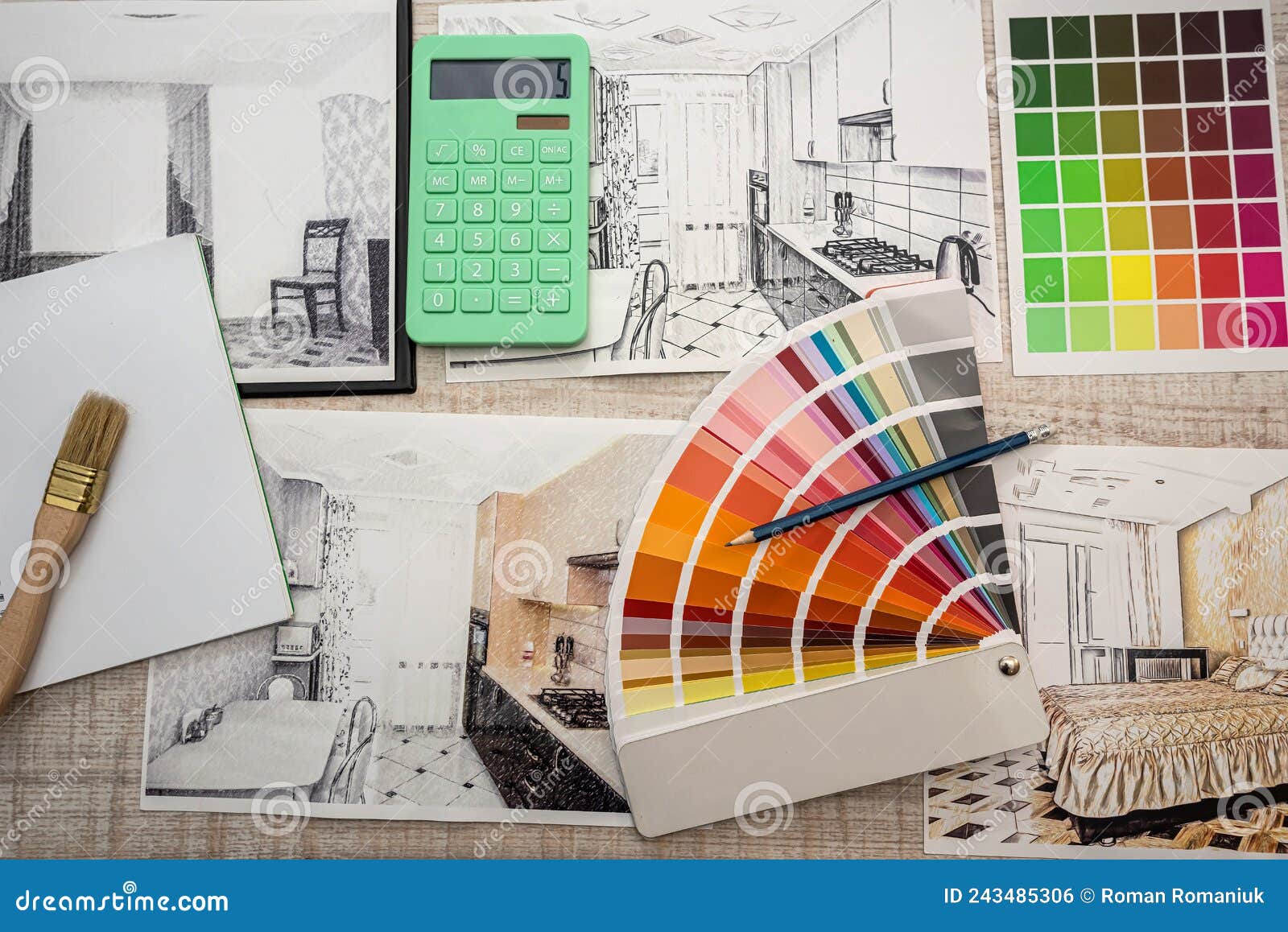 Architectural Plan with Color Sample Palette, Designer Working Stock ...