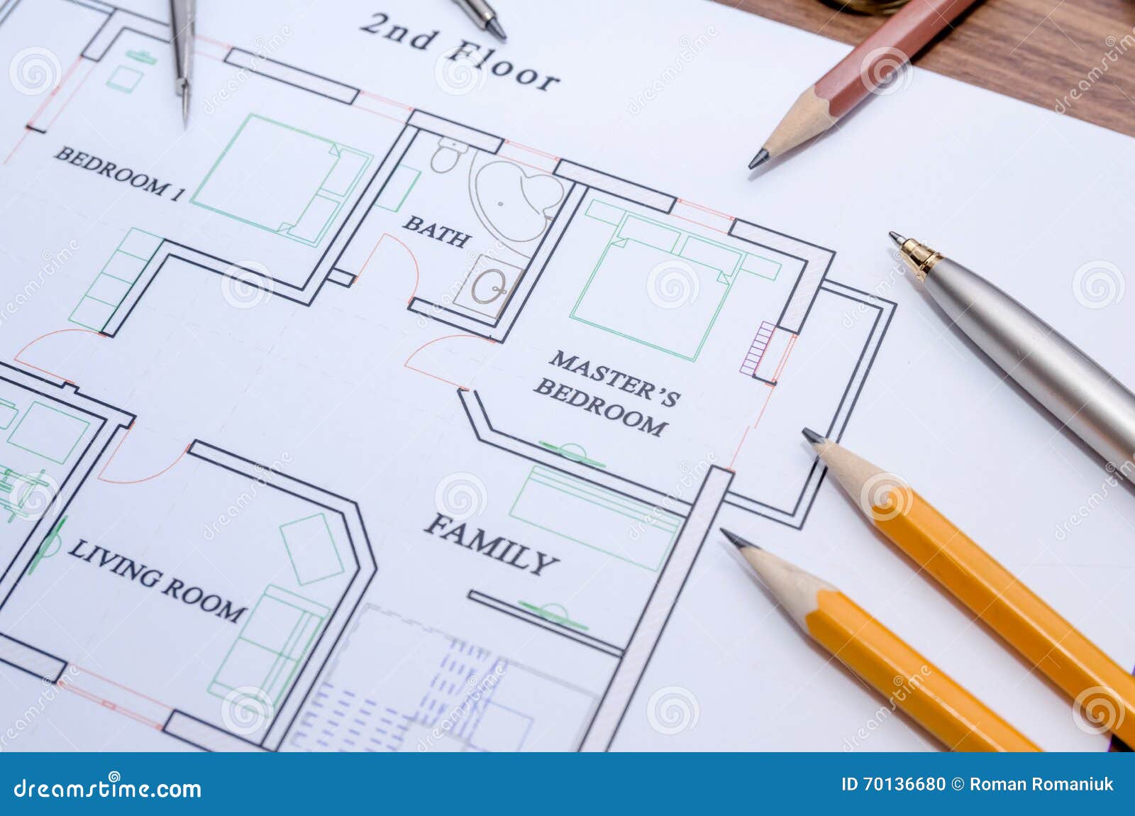Architectural Plan House with Pen, Pencil Stock Photo - Image of ...
