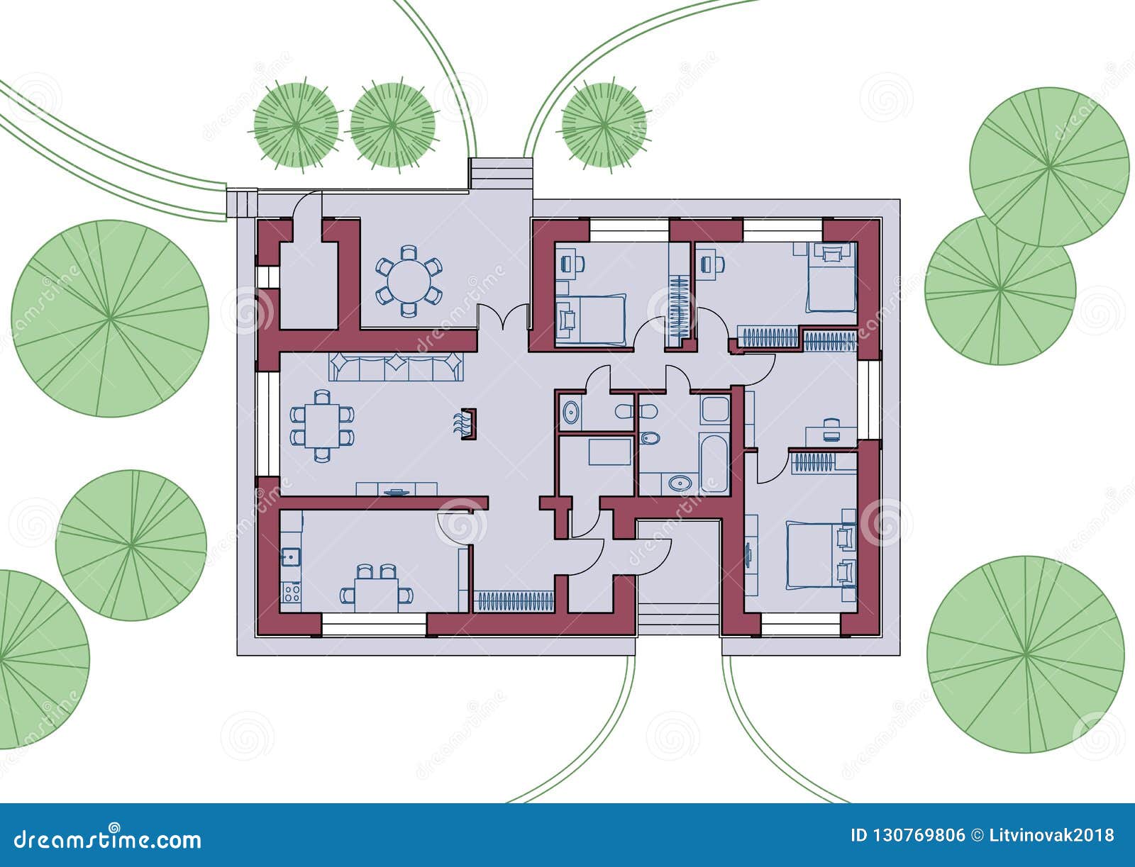 Architectural Plan of the House. Top View with Furniture. Vector ...