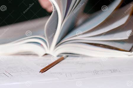 Architectural Plan with Open Book and Pencil Stock Photo - Image of ...