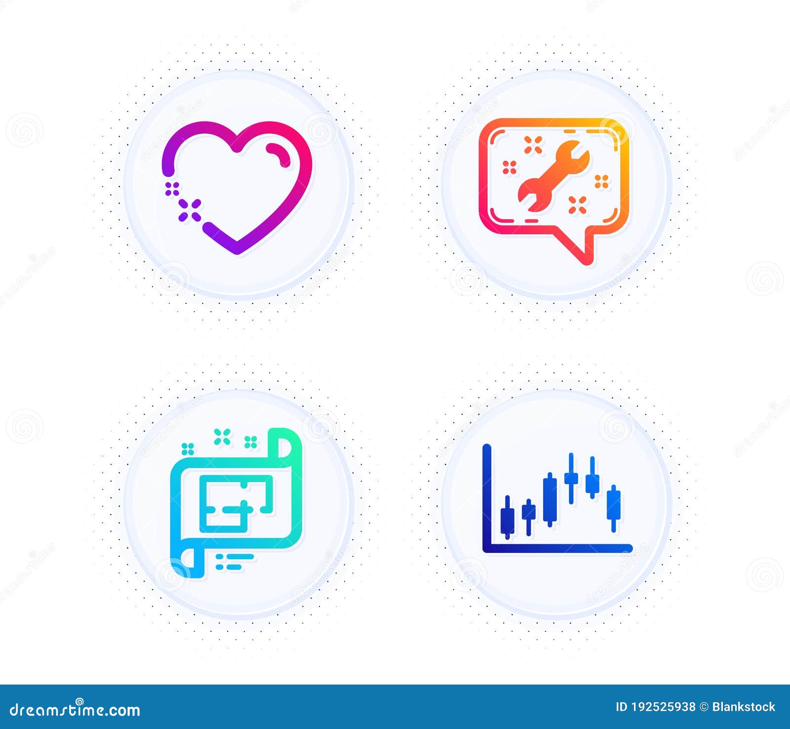 Architectural Plan, Spanner and Heart Icons Set. Candlestick Graph Sign ...
