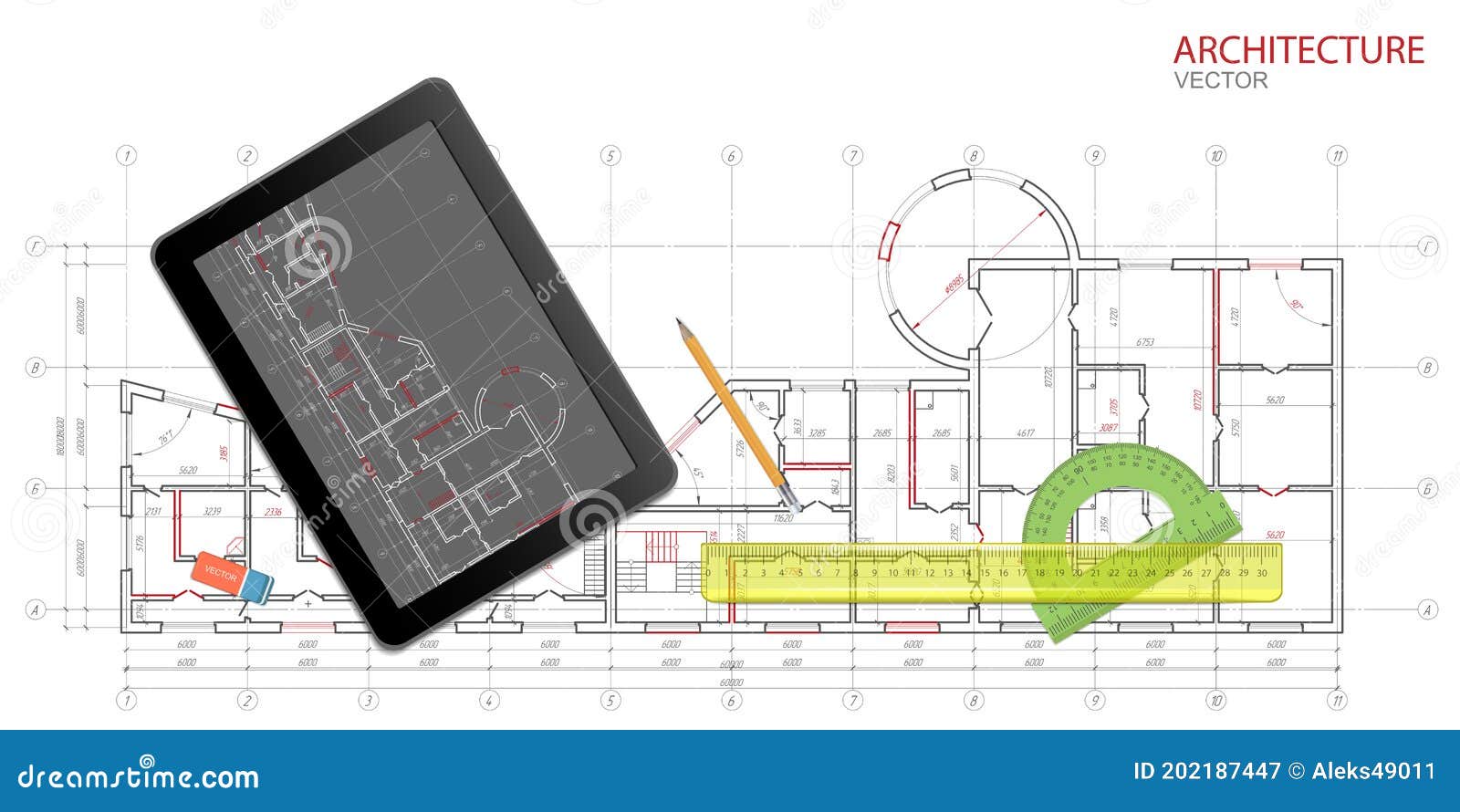 Architectural Plan on a Tablet .Design Engineer Workplace .Technical ...