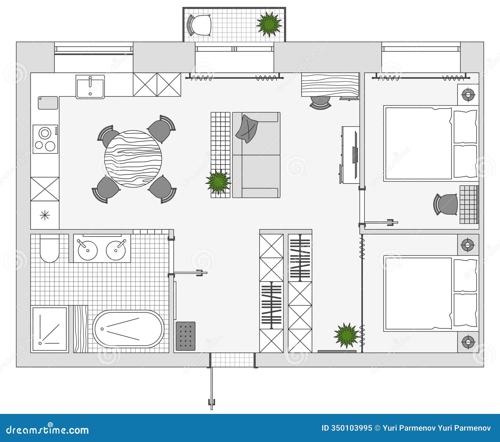 Plan View from Above. Apartment with Kitchen and Bedroom. the Interior ...
