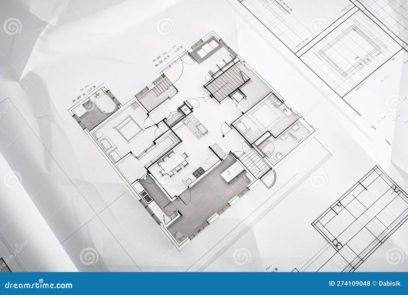 Architectural Plan on White Paper. Technical Project of Living Room ...