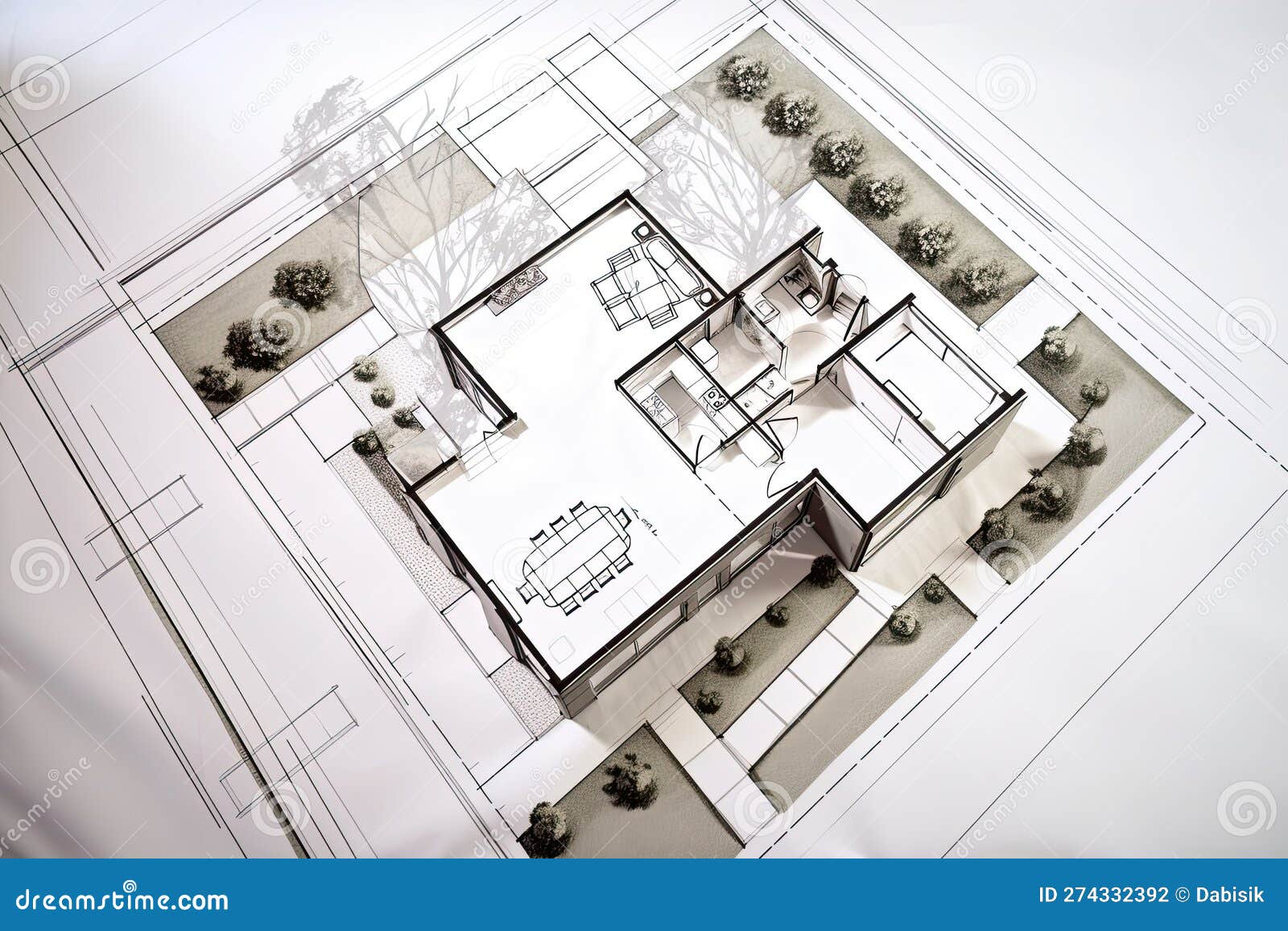 Architectural Plan on White Paper. Technical Project of Living Room ...