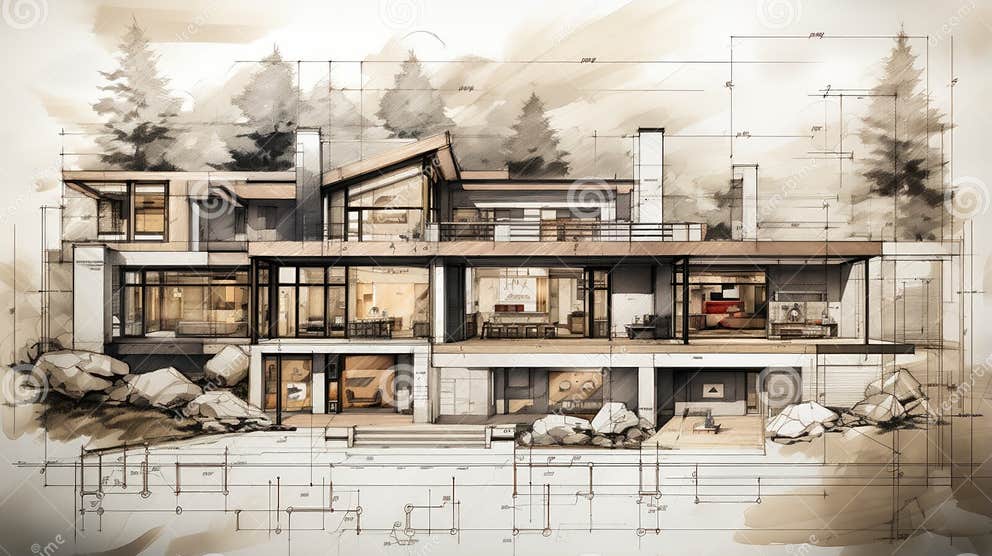 Architectural Plans and Draft Sketches. Draft Visualization of ...