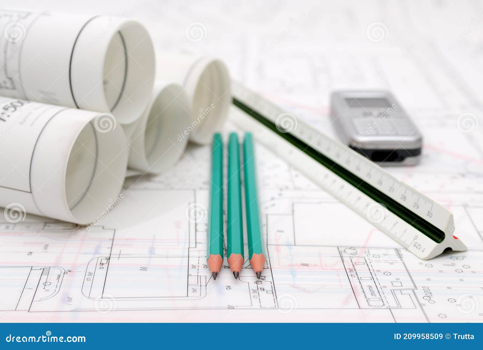 Architectural Plans and Drawing Utensils Stock Image - Image of outline ...