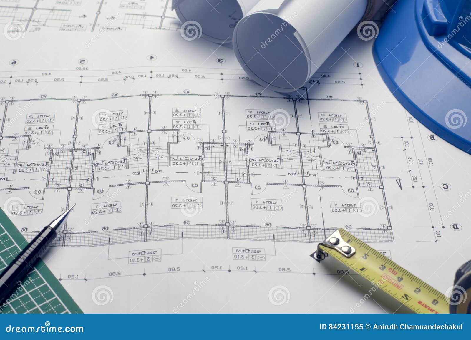 Architectural Plans Project Drawing with Blueprints Rolls Stock Image ... Architectural Plans Project Drawing with Blueprints Rolls Stock Image ...