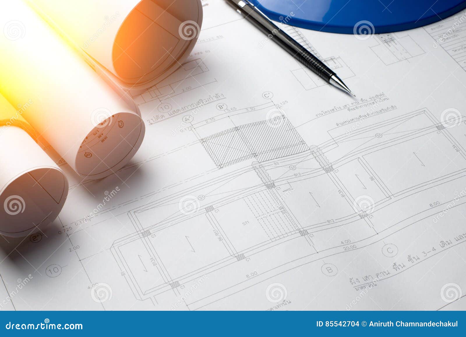 Architectural Plans Project Drawing with Blueprints Rolls Stock Photo ... Architectural Plans Project Drawing with Blueprints Rolls Stock Photo ...