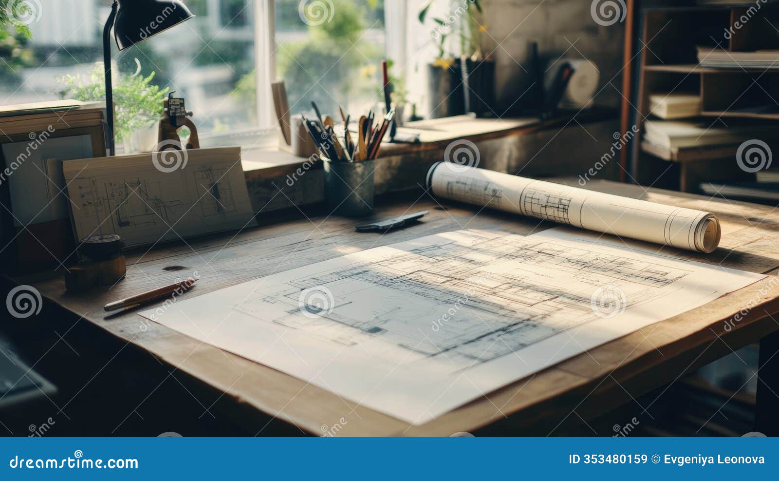 Architectural Plans and Technical Drawings on a Desk Surrounded by ...