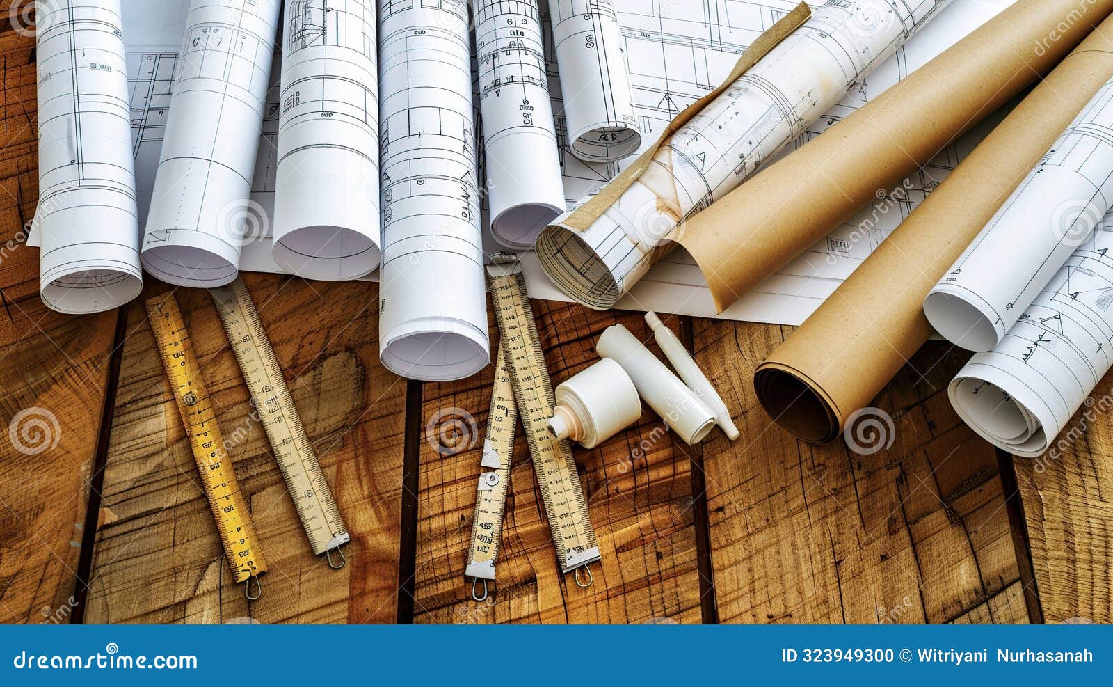 Architectural Plans and Tools on a Wooden Table Stock Illustration ...