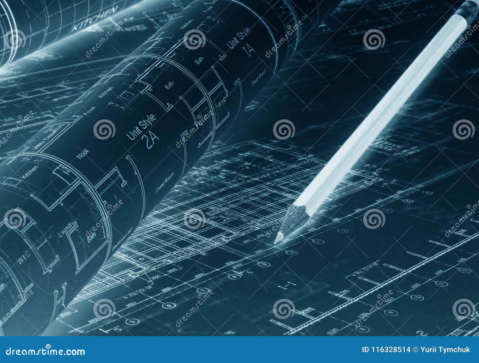 Architectural Project. Blueprint Floor Plans with Pencil Stock Photo ...