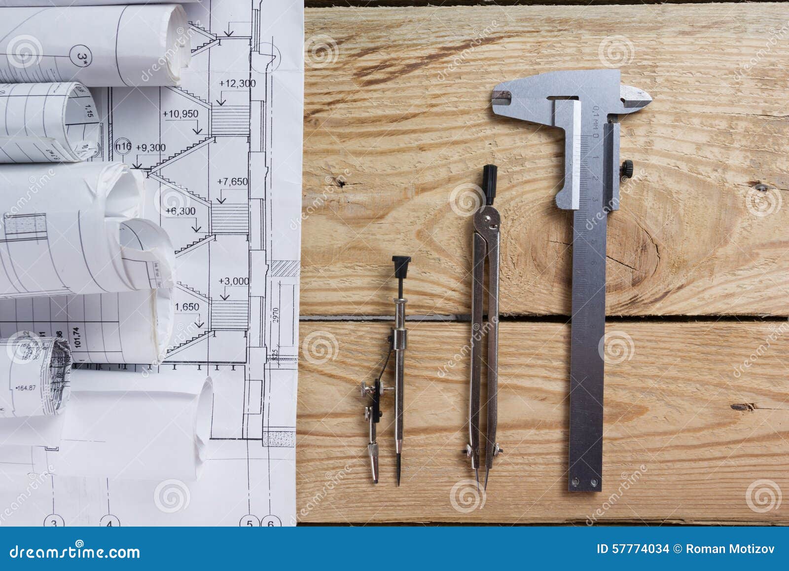 Architectural Project, Blueprints and Divider Compass on Plans ...