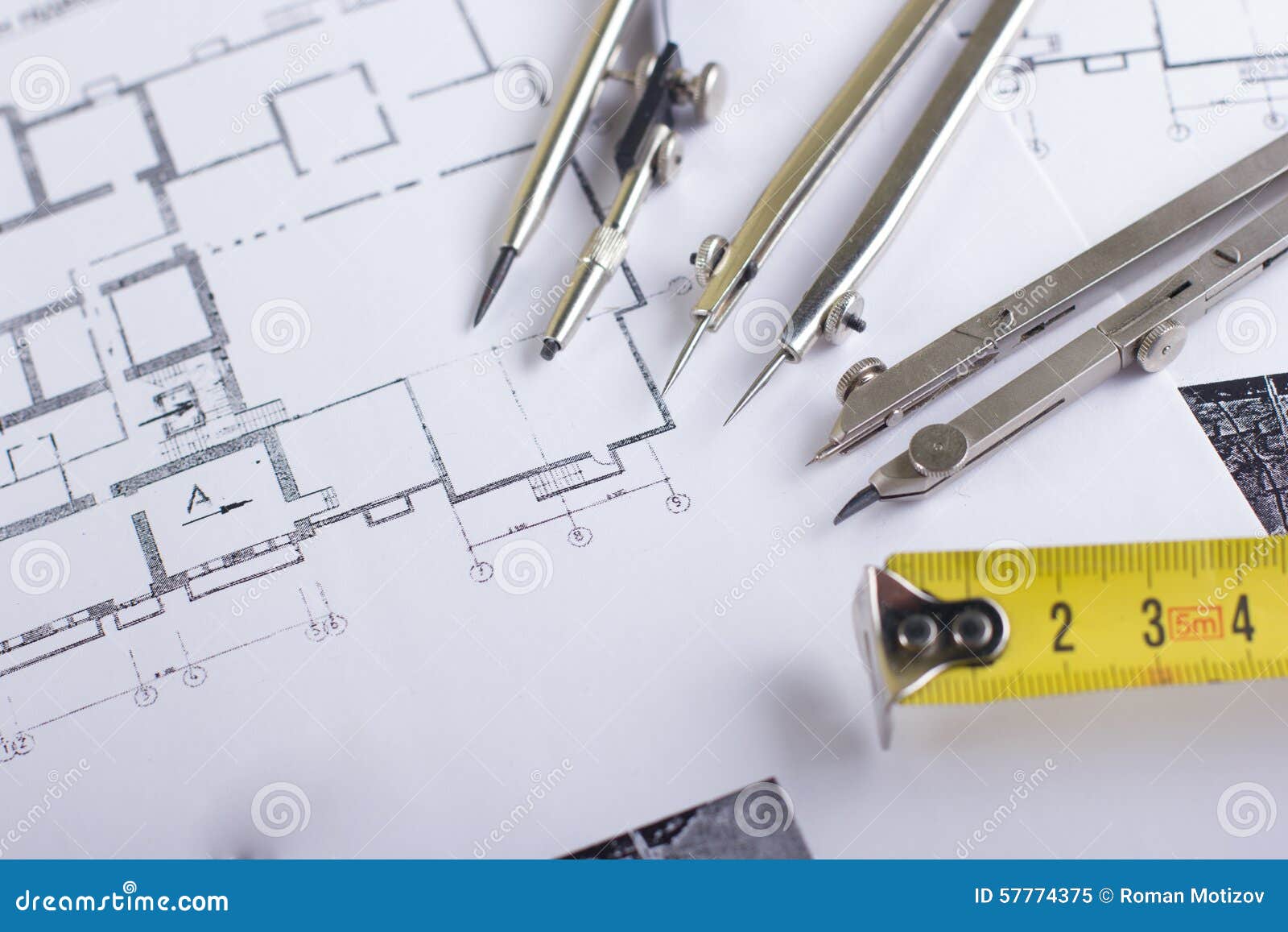 Engineering Divider, Pencil And Eraser On A Blueprint In Top View ...
