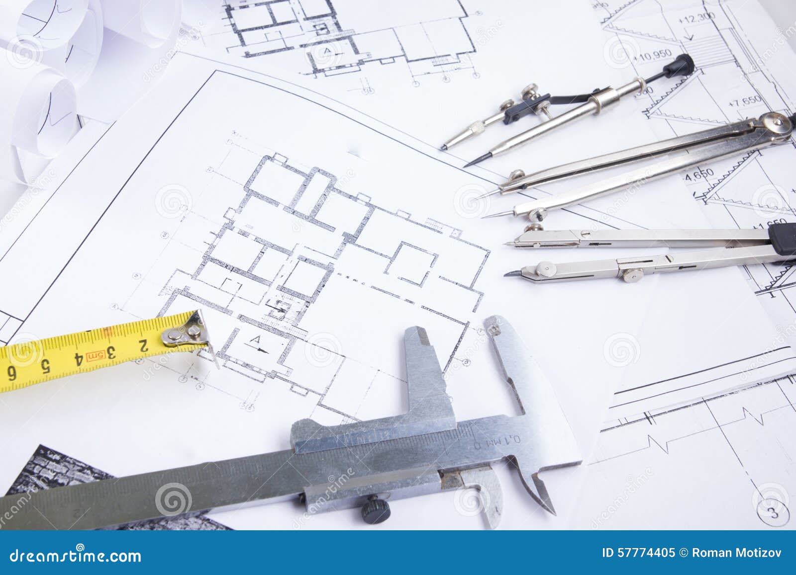 Architectural Project, Blueprints and Divider Compass on Plans ...