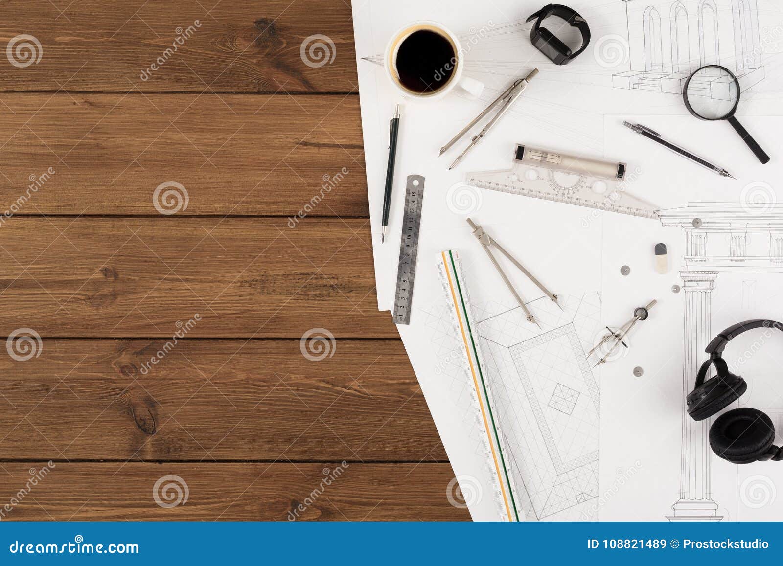 Architectural Project, Engineering Tools on Table. Stock Image - Image ...