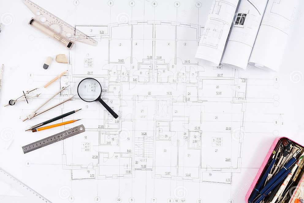 Architectural Project, Engineering Tools on Table. Stock Photo - Image ...