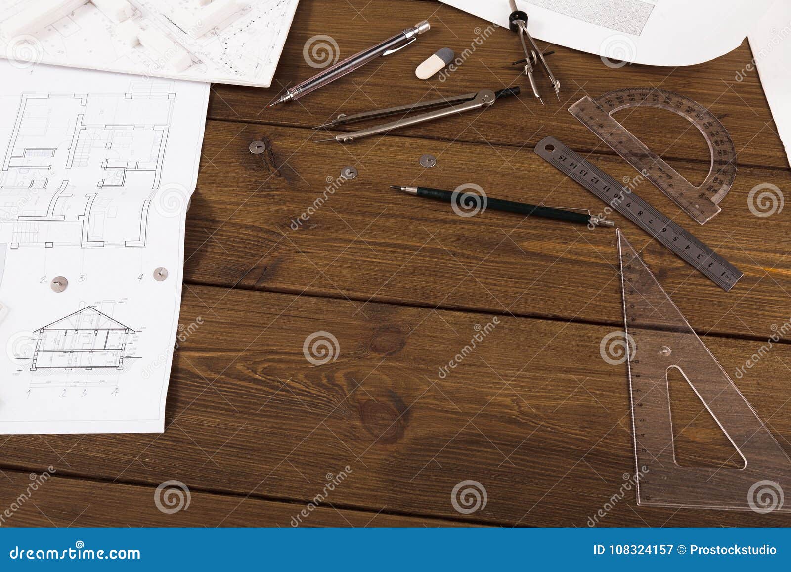Architectural Project, Engineering Tools on Table. Stock Image - Image ...