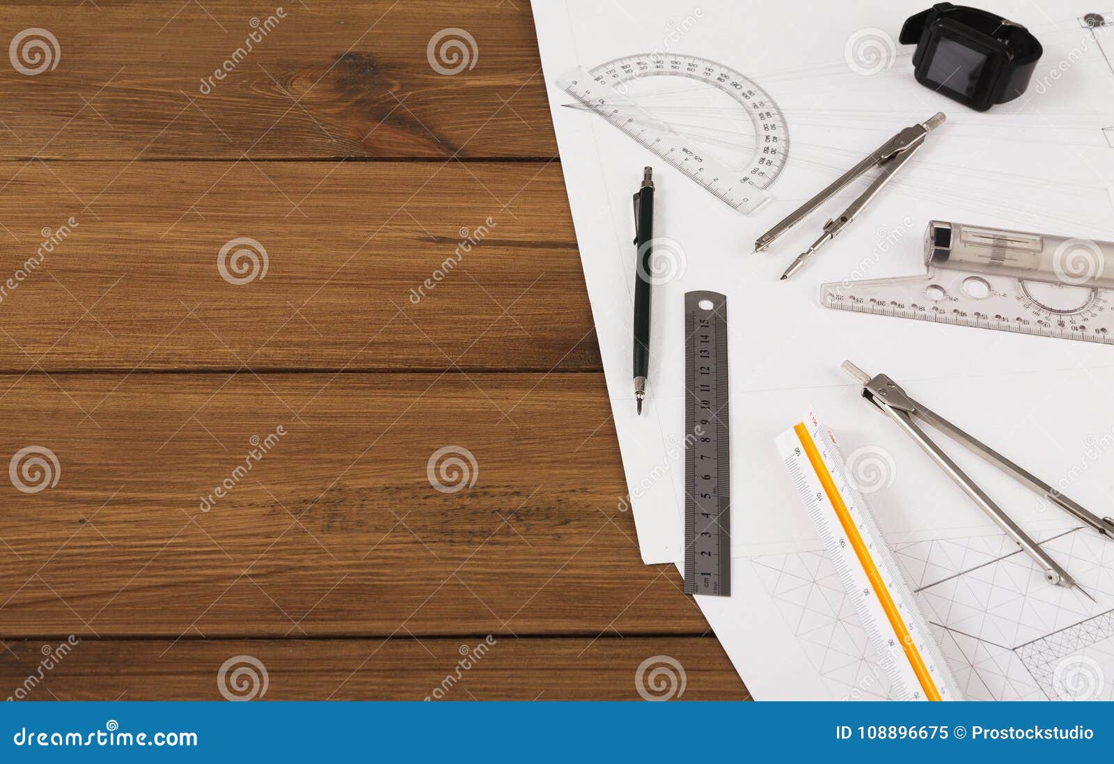 Architectural Project, Engineering Tools on Table. Stock Image - Image ...