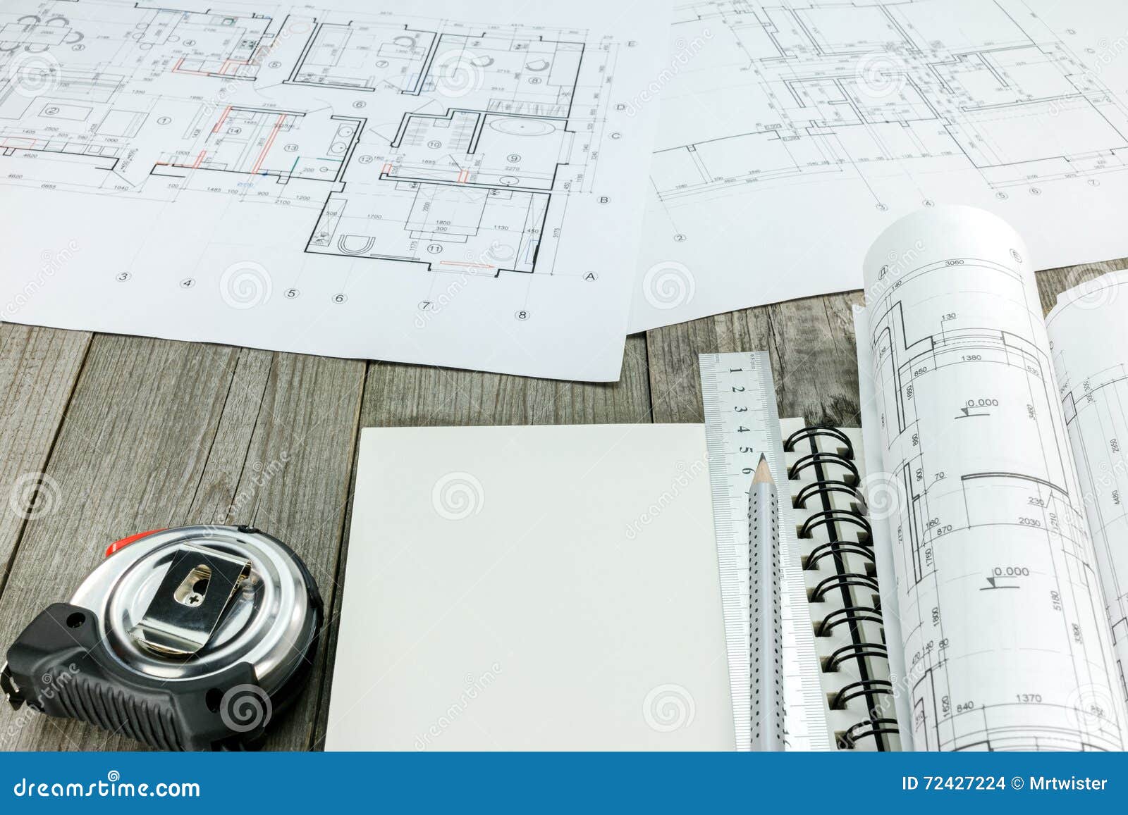 Architectural Project with Notepad and Tools on Gray Wooden Desk Stock ...