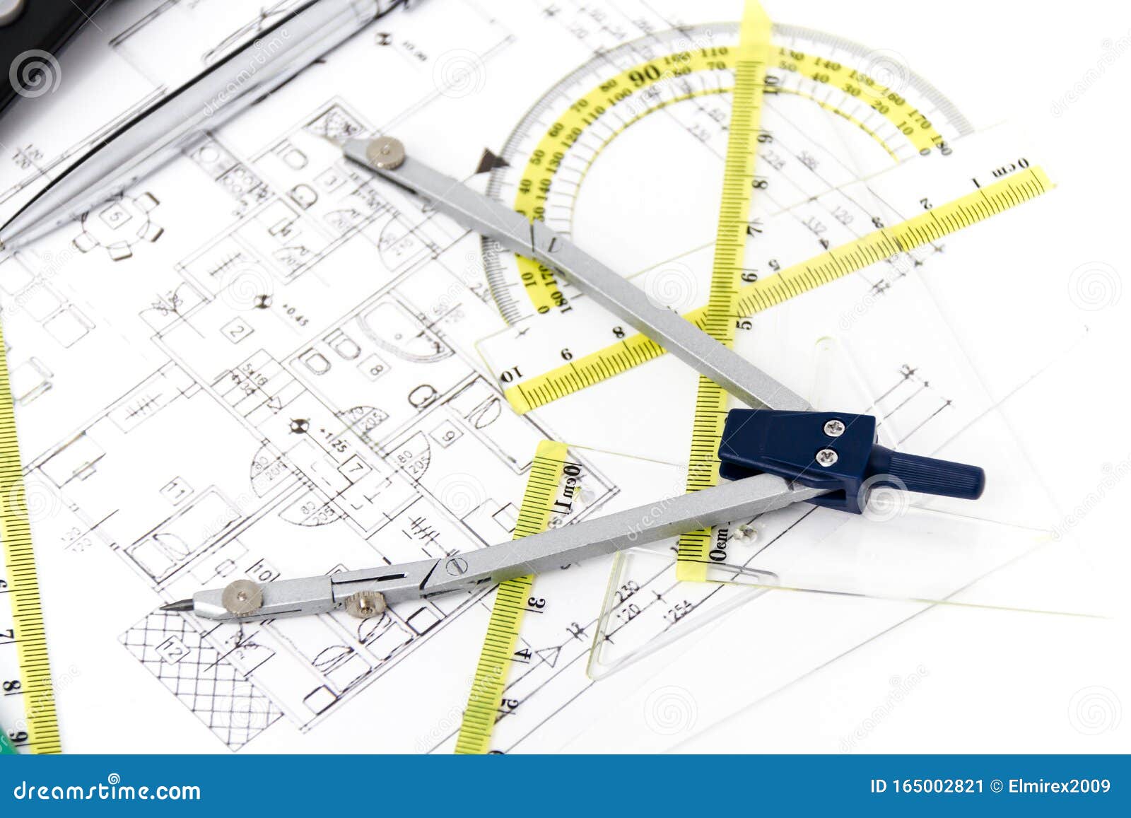 Architectural Project, Pair of Compasses, Rulers and Calculator Stock ...