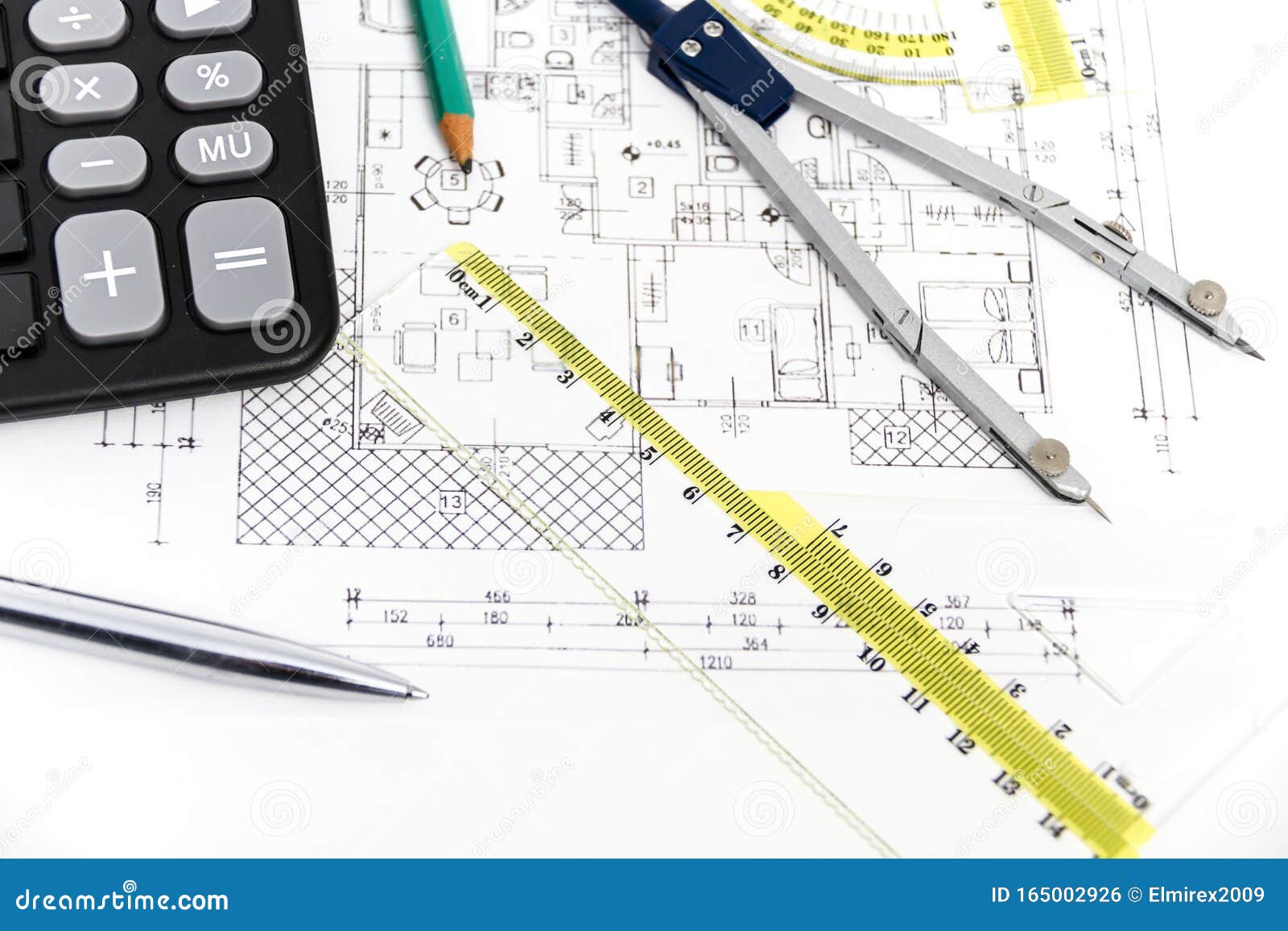 Architectural Project, Pair of Compasses, Rulers and Calculator Stock ...