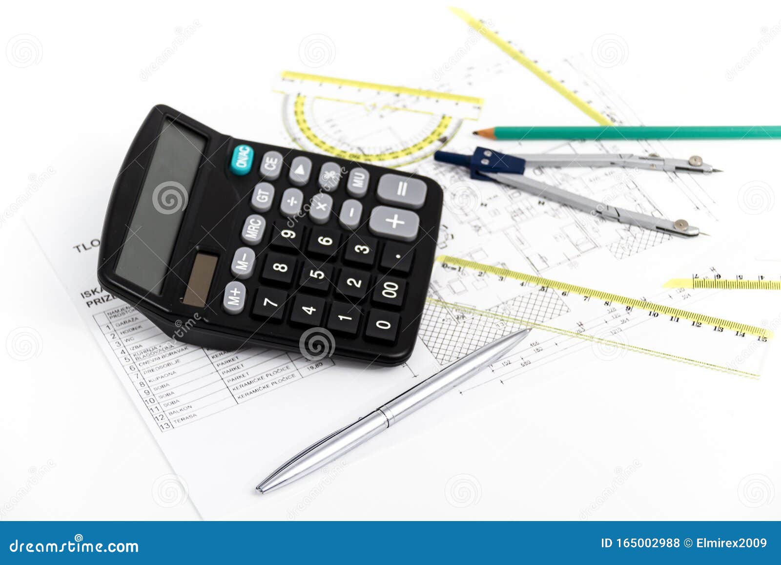 Architectural Project, Pair of Compasses, Rulers and Calculator Stock ...